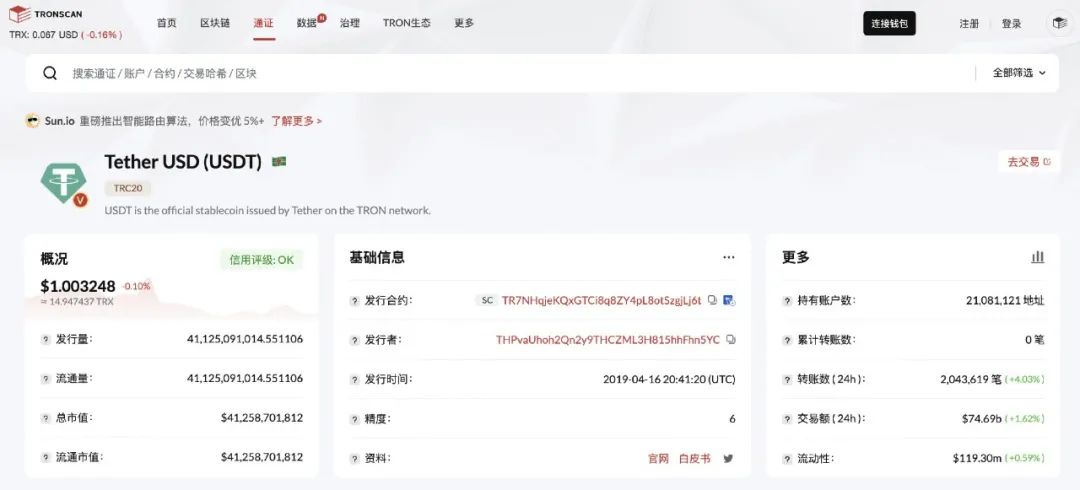 TRC20-USDT发行量已达411.2亿枚，持有账户数超过2100万_MarsBit